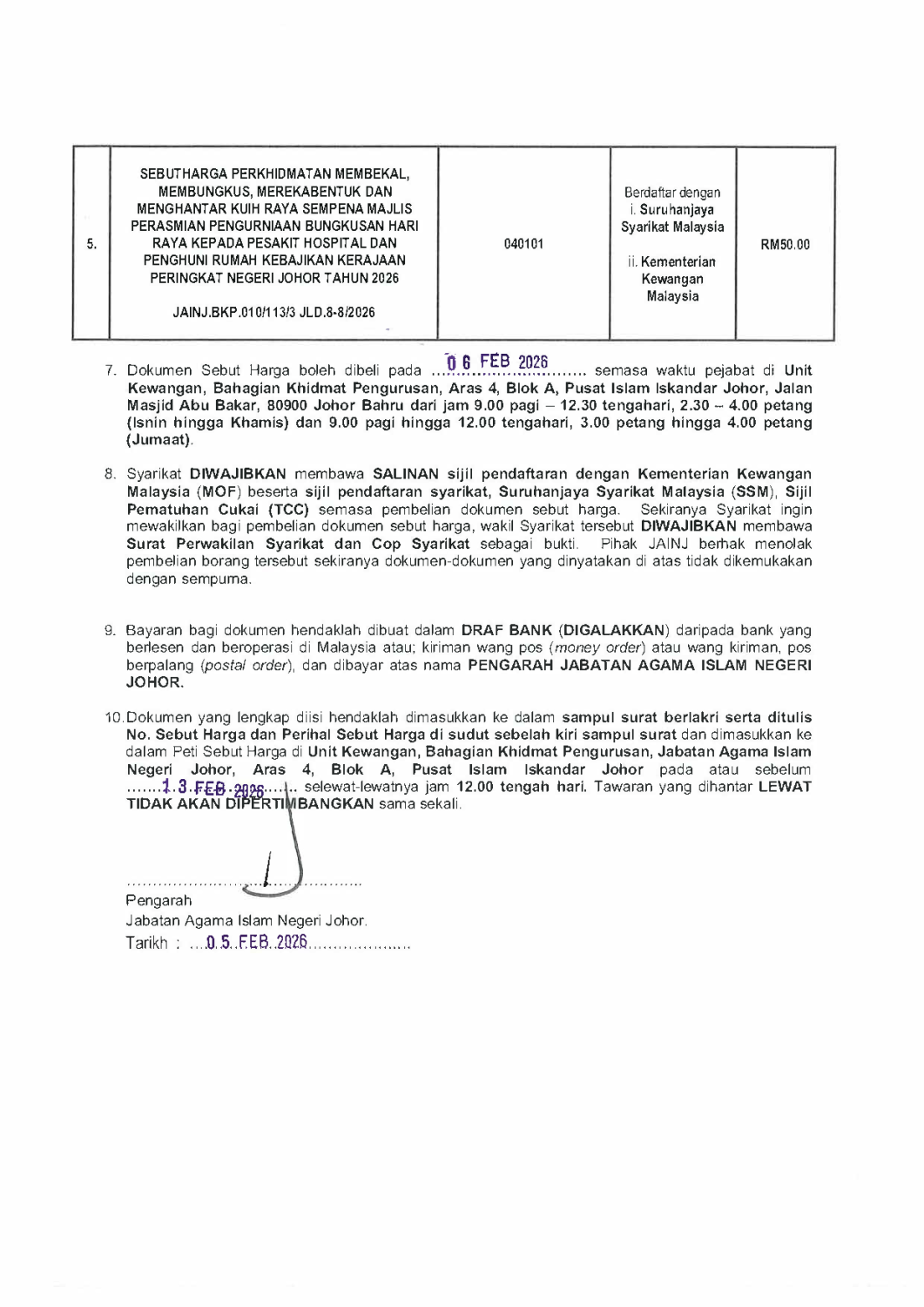 Tawaran Sebut Harga: Bahagian Khidmat Pengurusan 6 Februari 2026 ...